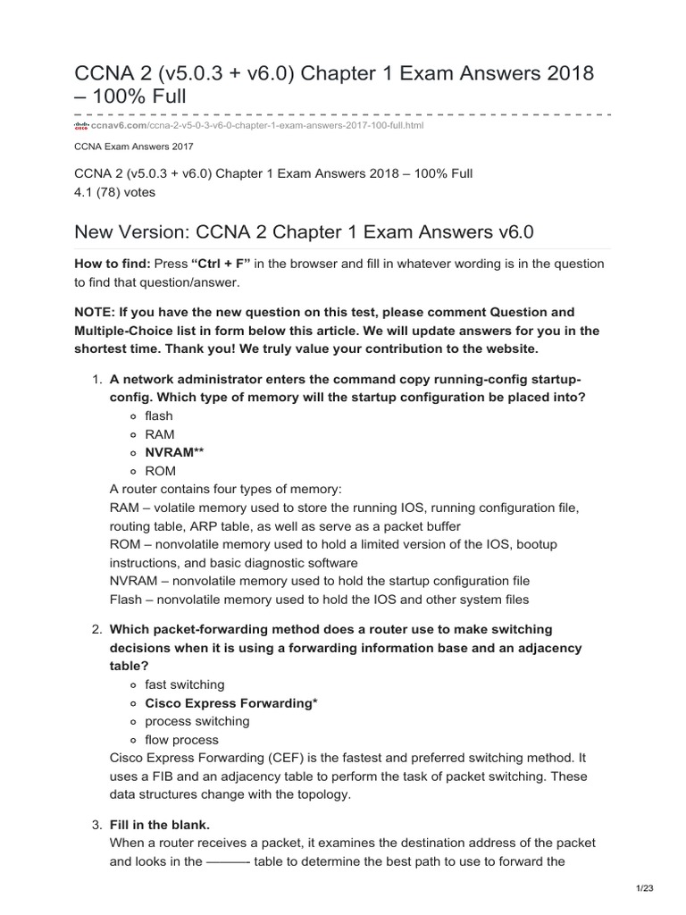 CCNA 2 v503 v60 Chapter 1 Exam Answers 2018 100 Full | PDF | Ip Address | Router (Computing)