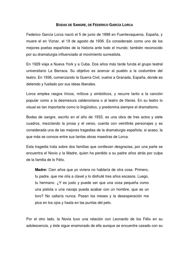 Reseña Bodas de Sangre, de Federico García Lorca | PDF | Federico ...