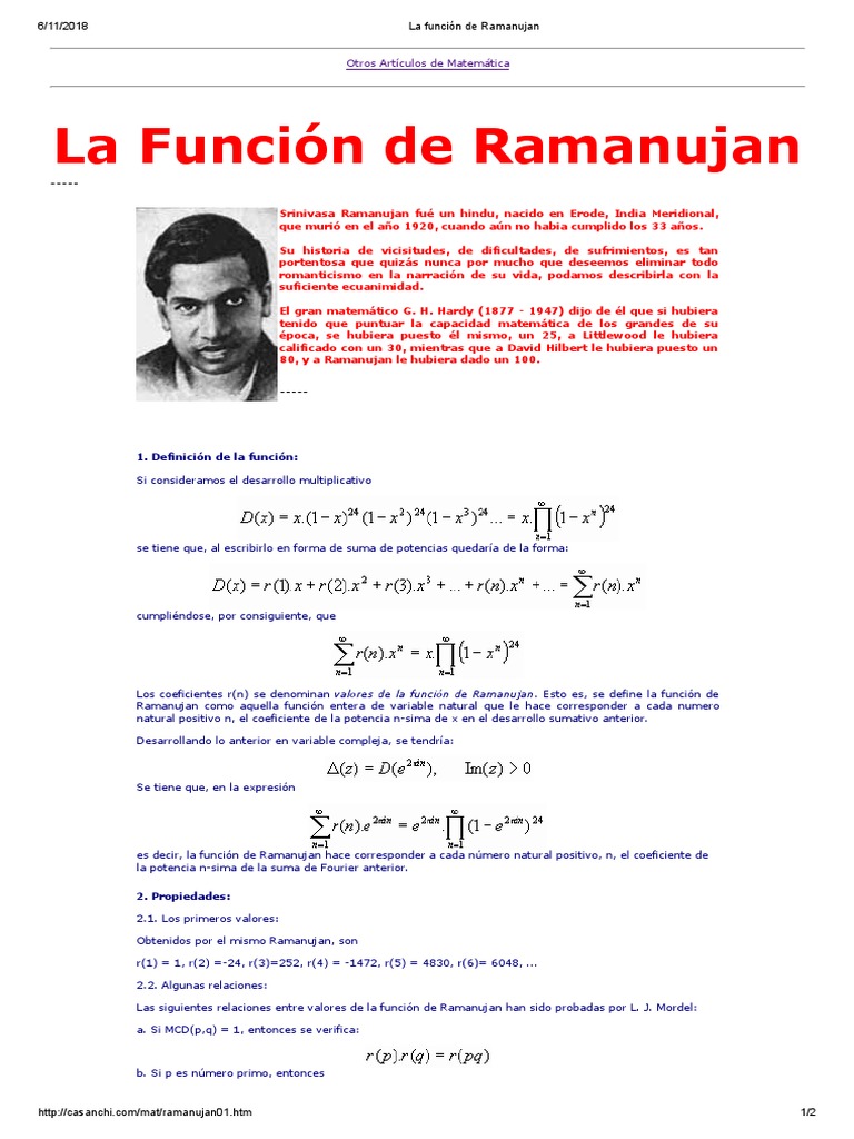 La Función de Ramanujan | PDF | Función (Matemáticas) | Conceptos ...
