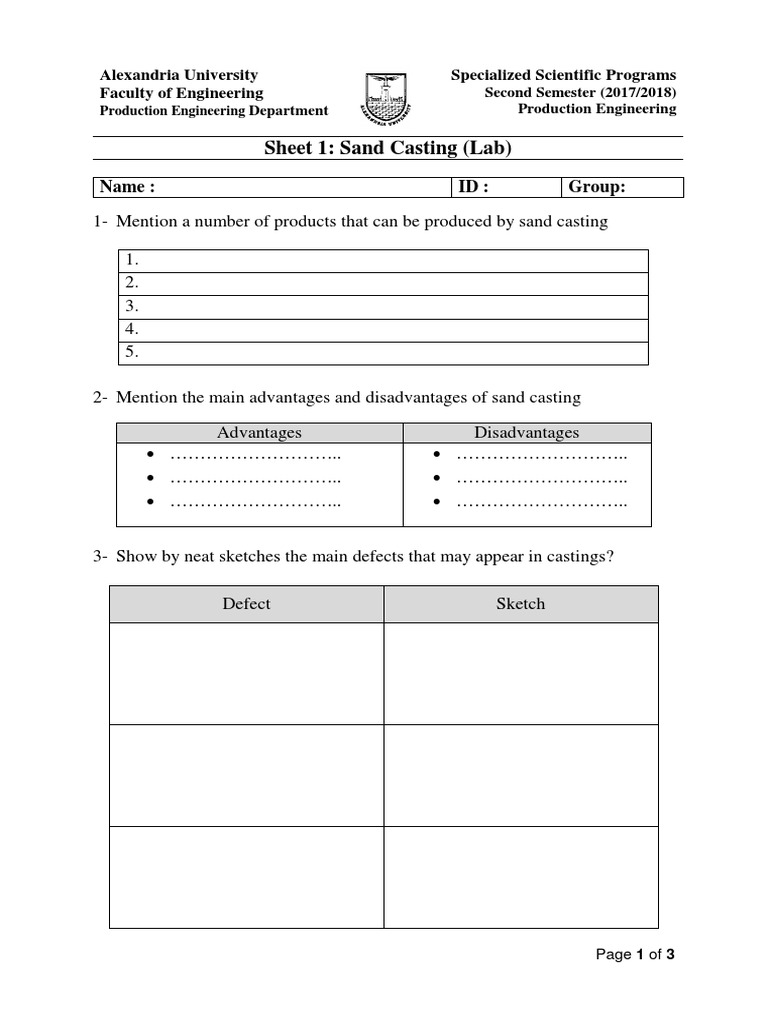 Sheet 1: Sand Casting (Lab) : Name: ID: Group | PDF
