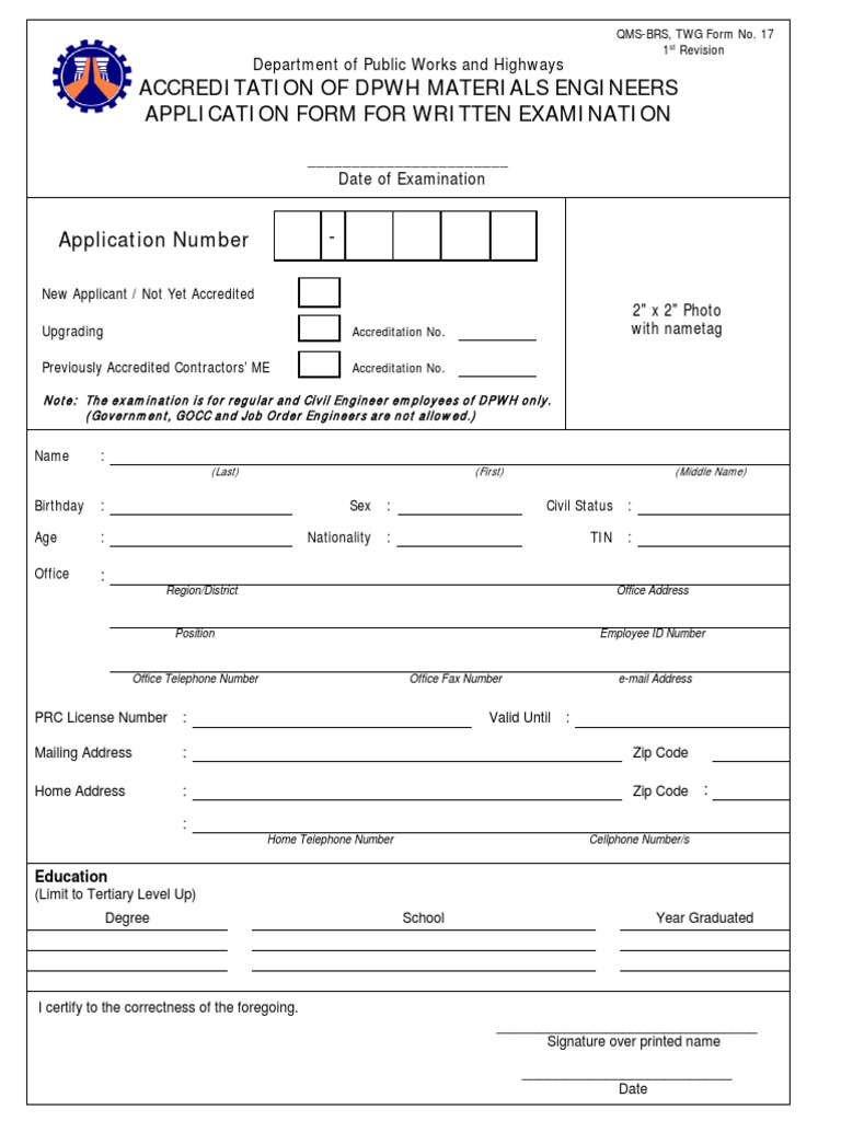 ACCREDITATION OF DPWH MATERIALS ENGINEERS APPLICATION Form No. 17 PDF ...