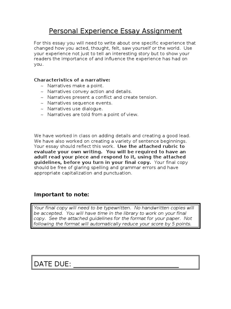 Personal Experience Essay Assignment | PDF | Essays | Narrative