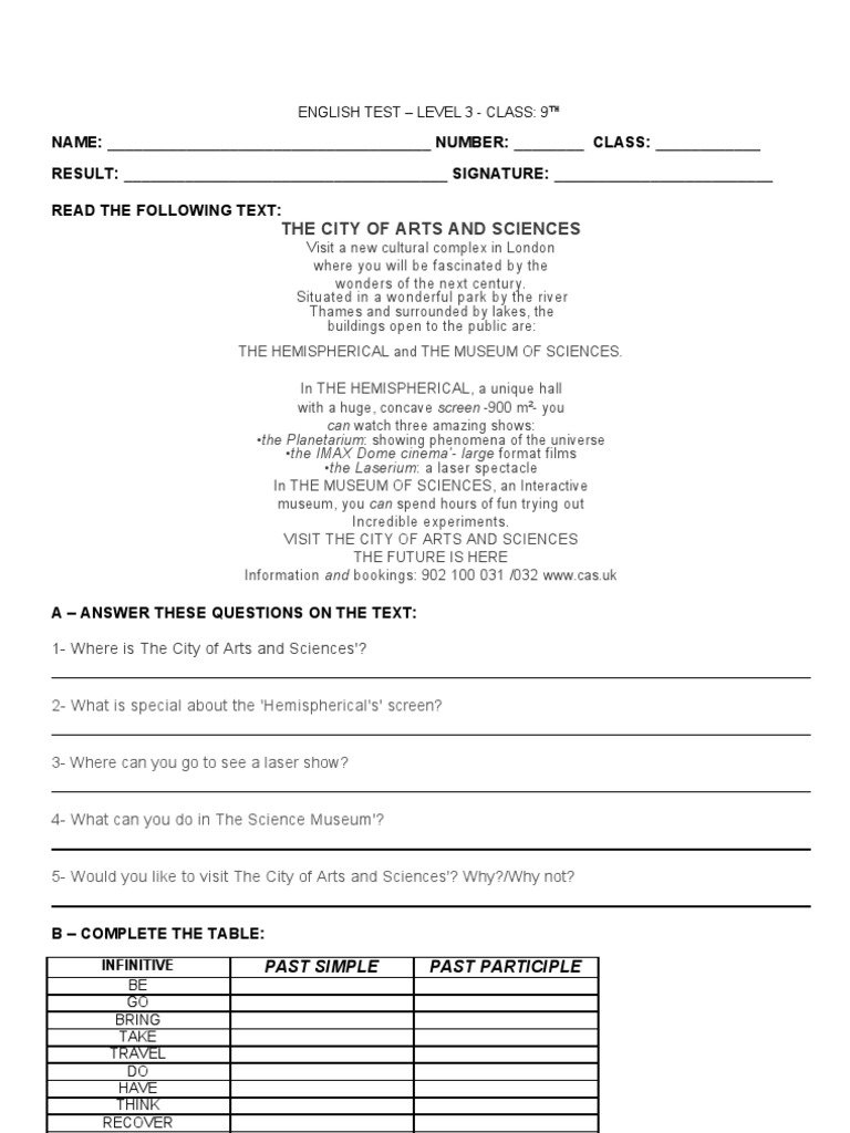 The City of Arts and Sciences: English Test - Level 3 - Class: 9 | PDF ...