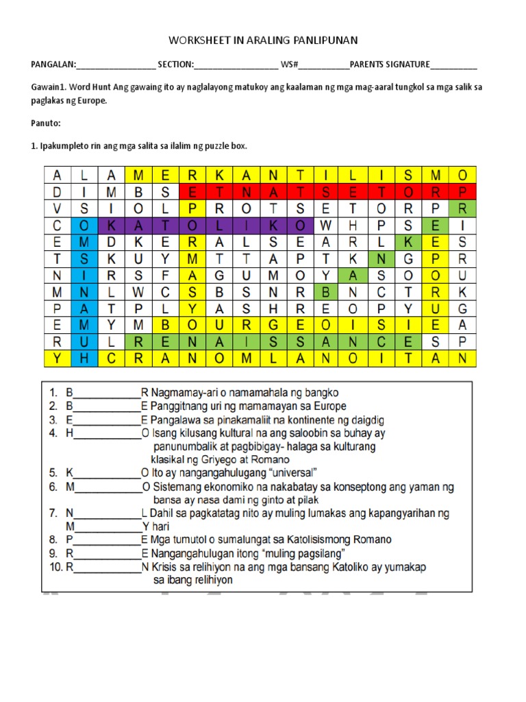 Worksheet in Araling Panlipunan Grade 9 | PDF