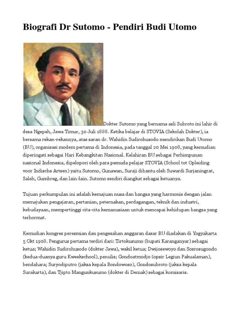 Biografi Dr. Sutomo, Pendiri Budi Utomo | PDF