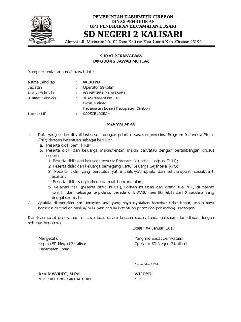 Blangko Surat Pernyataan Operator PIP | PDF