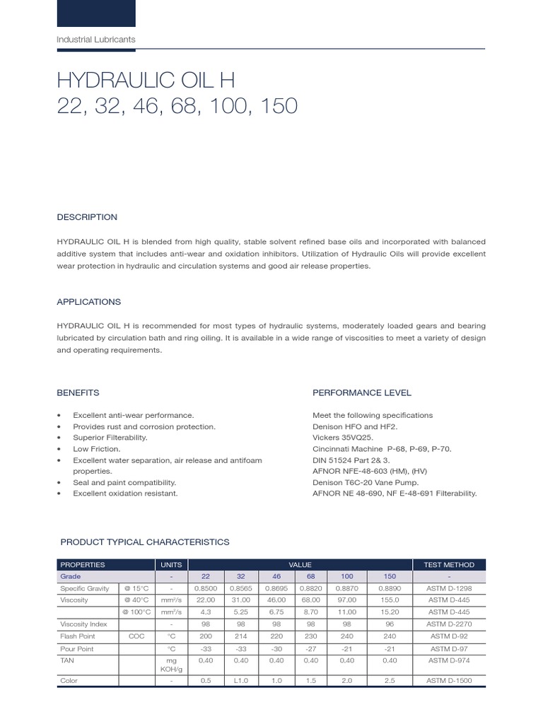 Hydraulic Oil H 22 32 46 68 100 150 | PDF | Lubricant | Industrial Processes