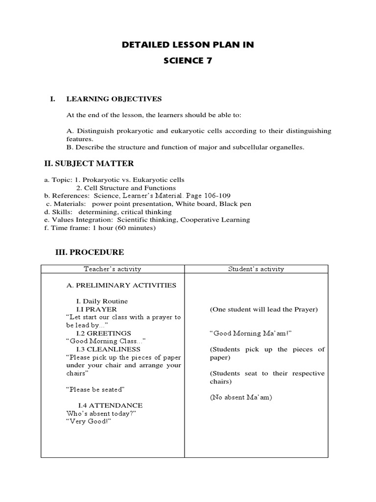 Detailed Lesson Plan in Science 7: Ii. Subject Matter | PDF | Ribosome ...