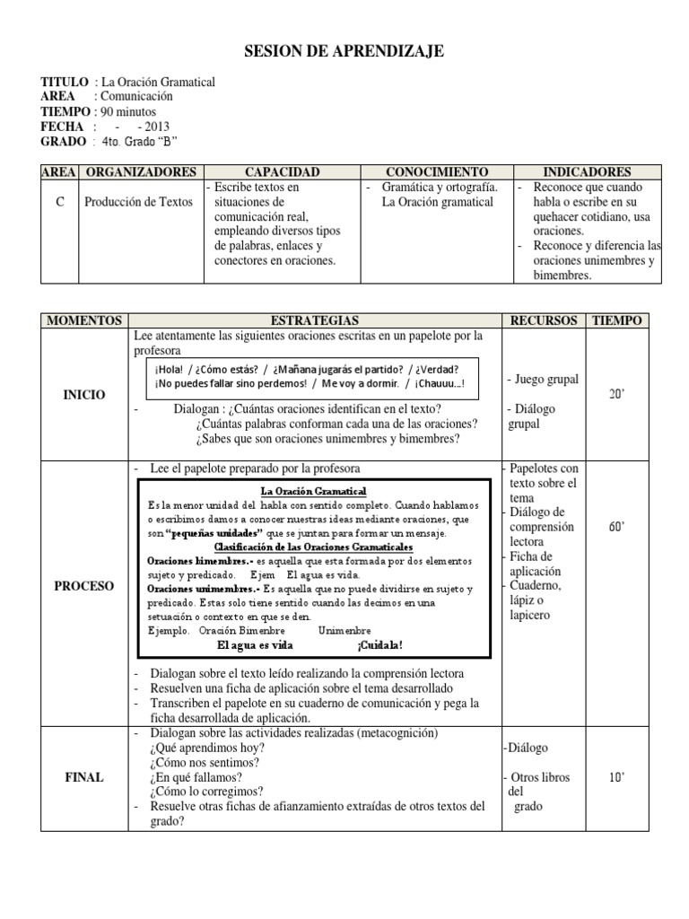 La Oraci N Gramatical Sesión de Aprendizaje | PDF | Oración ...