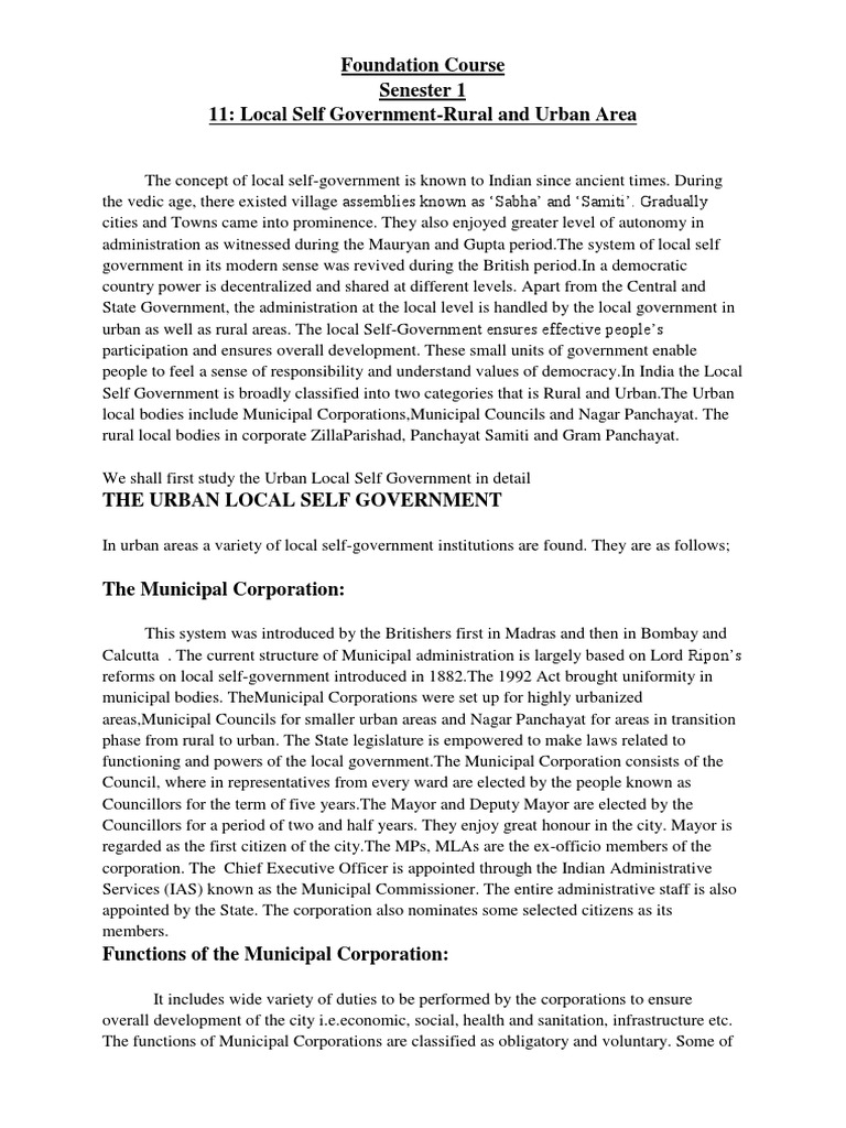 Local Self-Government: Rural vs Urban | PDF | Local Government | Public ...