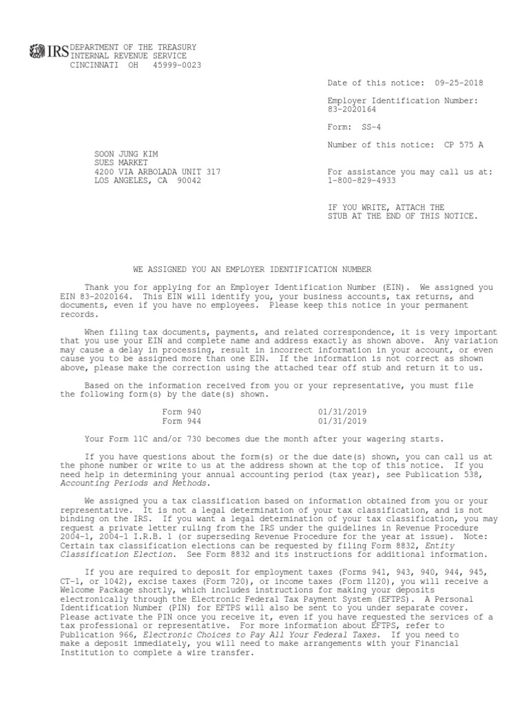 IRS Notice Assigns EIN Number and Provides Filing Requirements to Sues ...