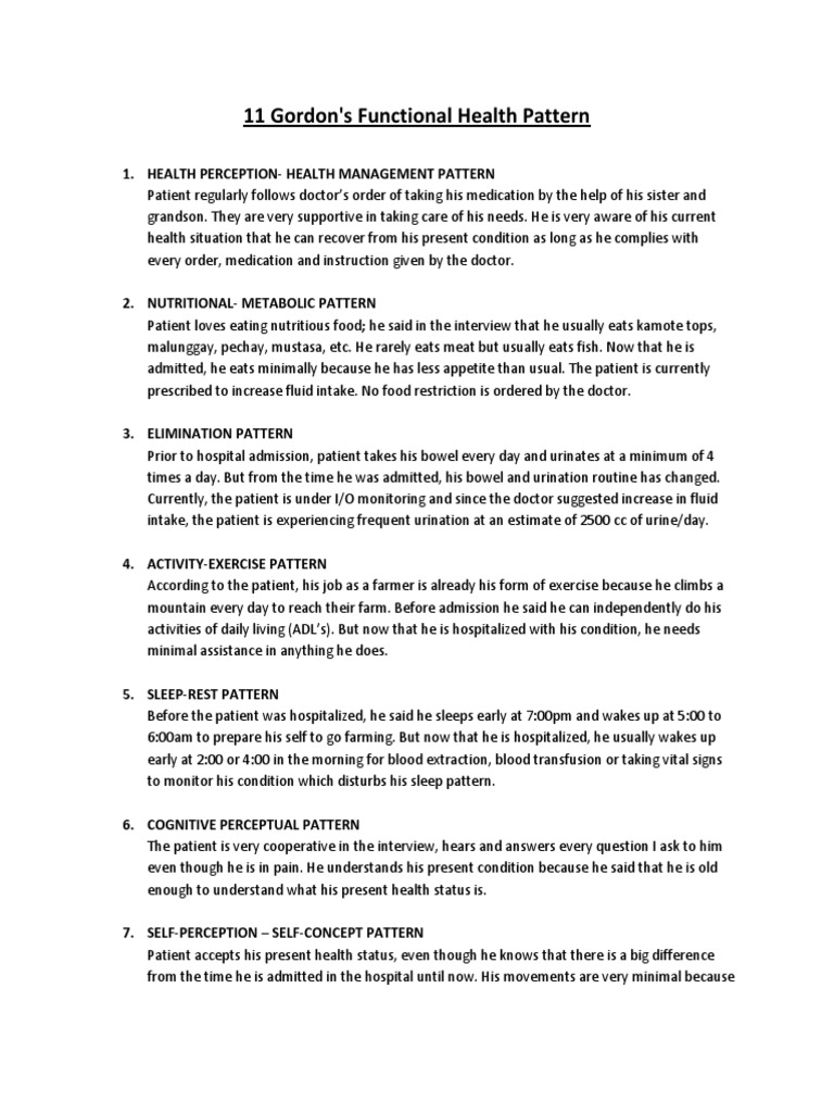 11 Gordon's Functional Health Pattern | Patient | Nutrition | Free 30 ...