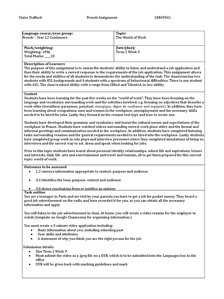 Frenchassessment2 18869561 Stafford | PDF | Educational Assessment ...