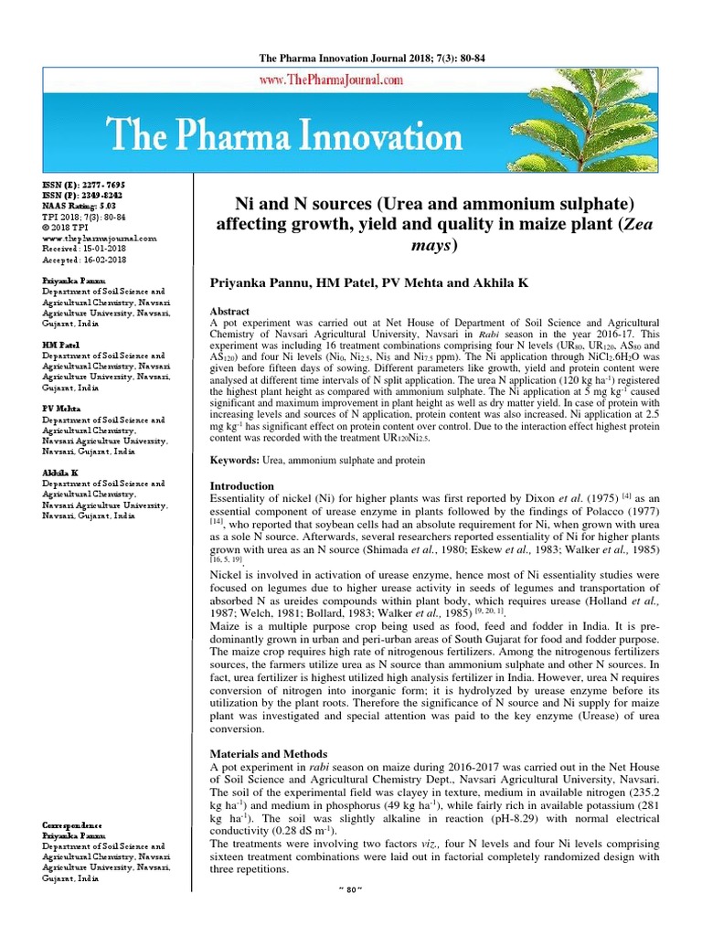 Ni and N Sources (Urea and Ammonium Sulphate) Affecting Growth, Yield ...