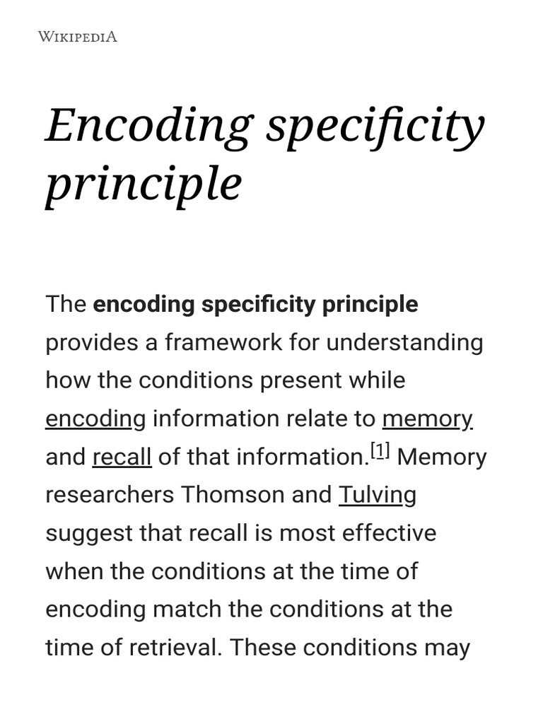 Encoding Specificity Principle - Wikipedia | PDF | Recall (Memory) | Cognitive Neuroscience