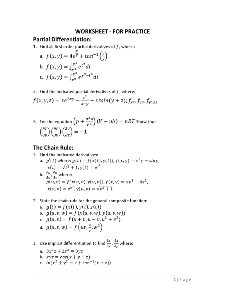 WORKSHEET-Partial Differentiation, Applications | Differential Topology | Subtraction