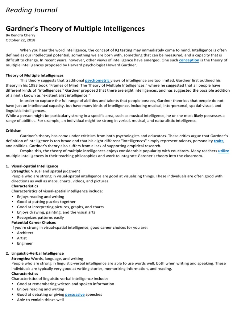 Reading Journal - Multiple Intelligences | PDF | Intelligence | Cognition
