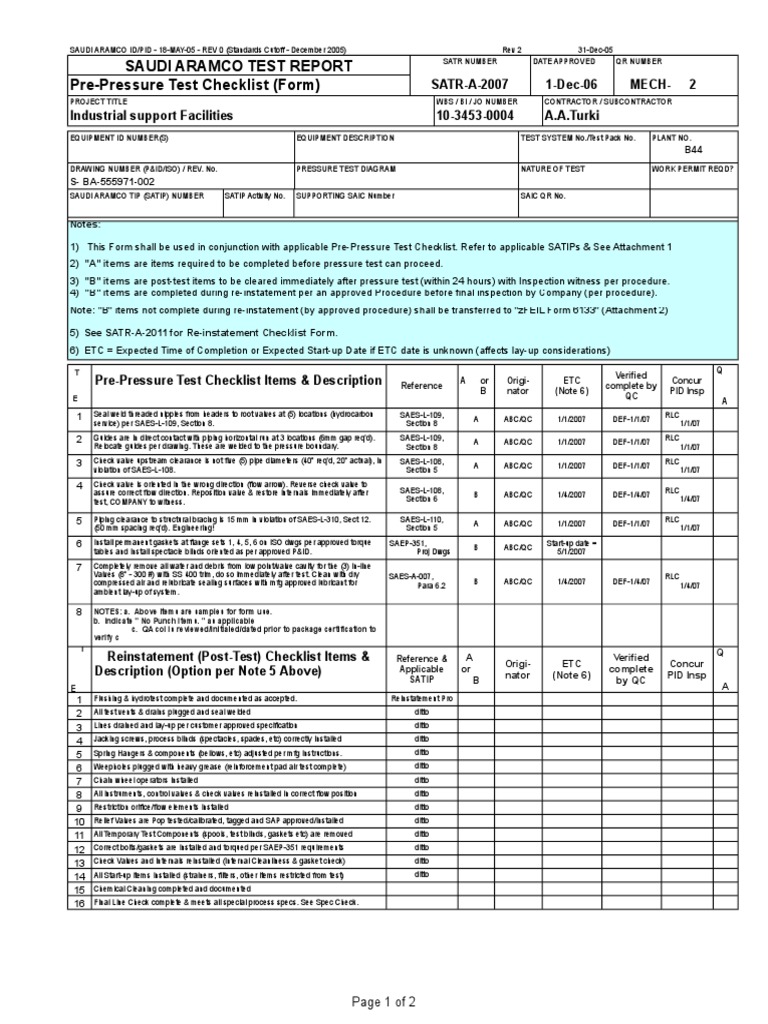 Saudi Aramco Test Report Pre-Pressure Test Checklist (Form) | PDF ...