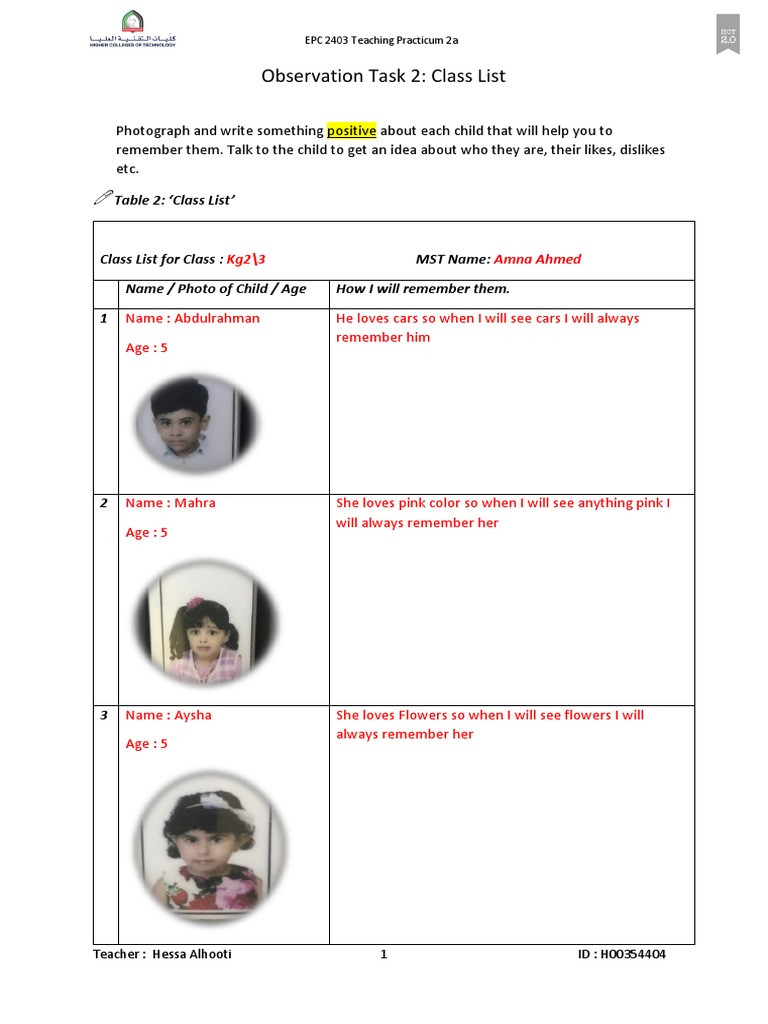 Observation Task 2: Class List | PDF