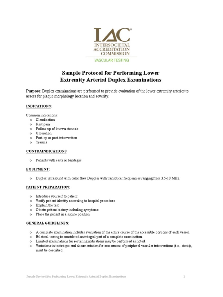 Sample Protocol For Performing Lower Extremity Arterial Duplex ...