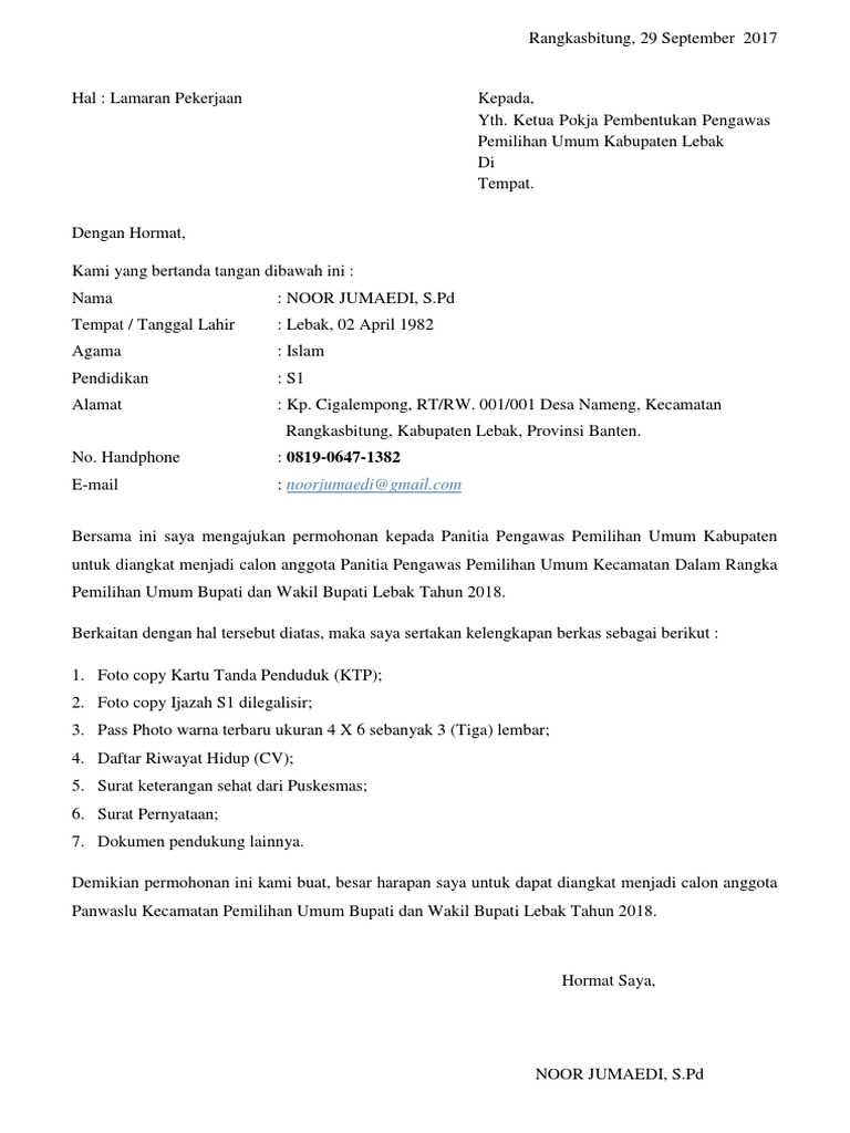 Surat Lamaran Panwas | PDF