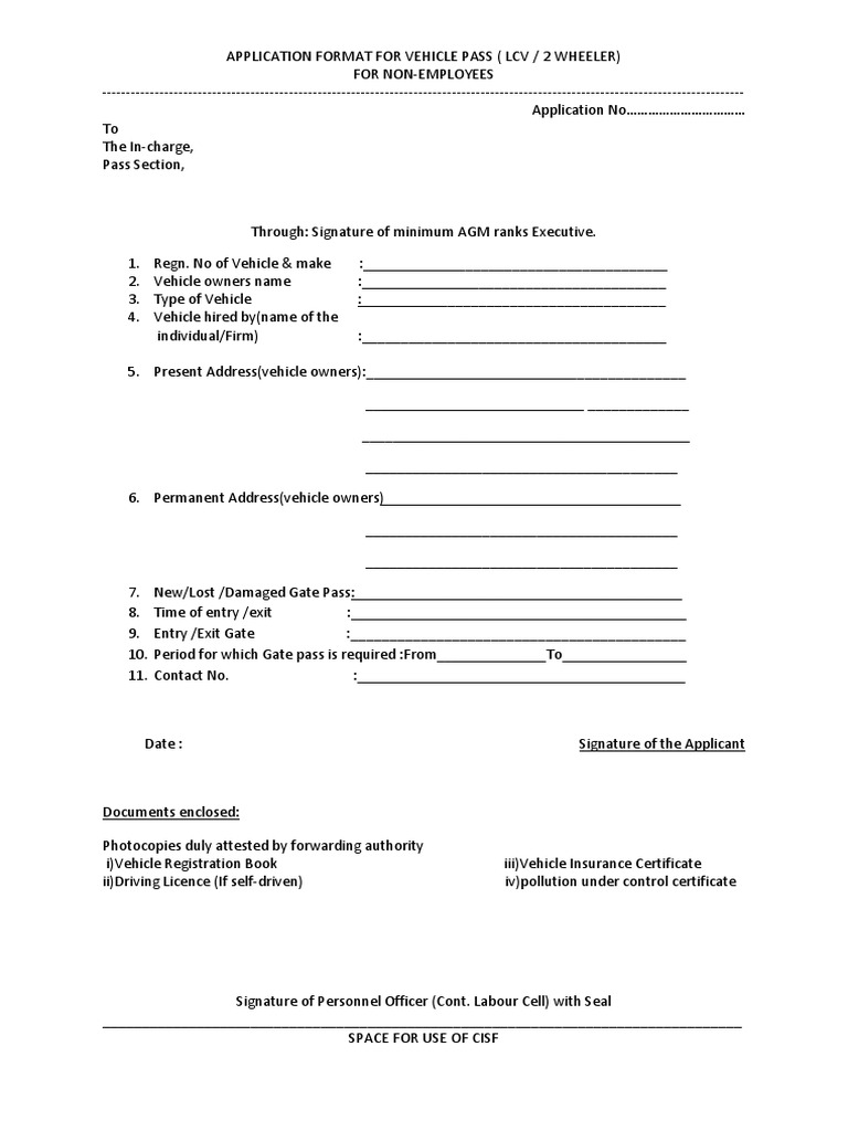Vehicle Pass Application Format | PDF | Transport | Vehicles