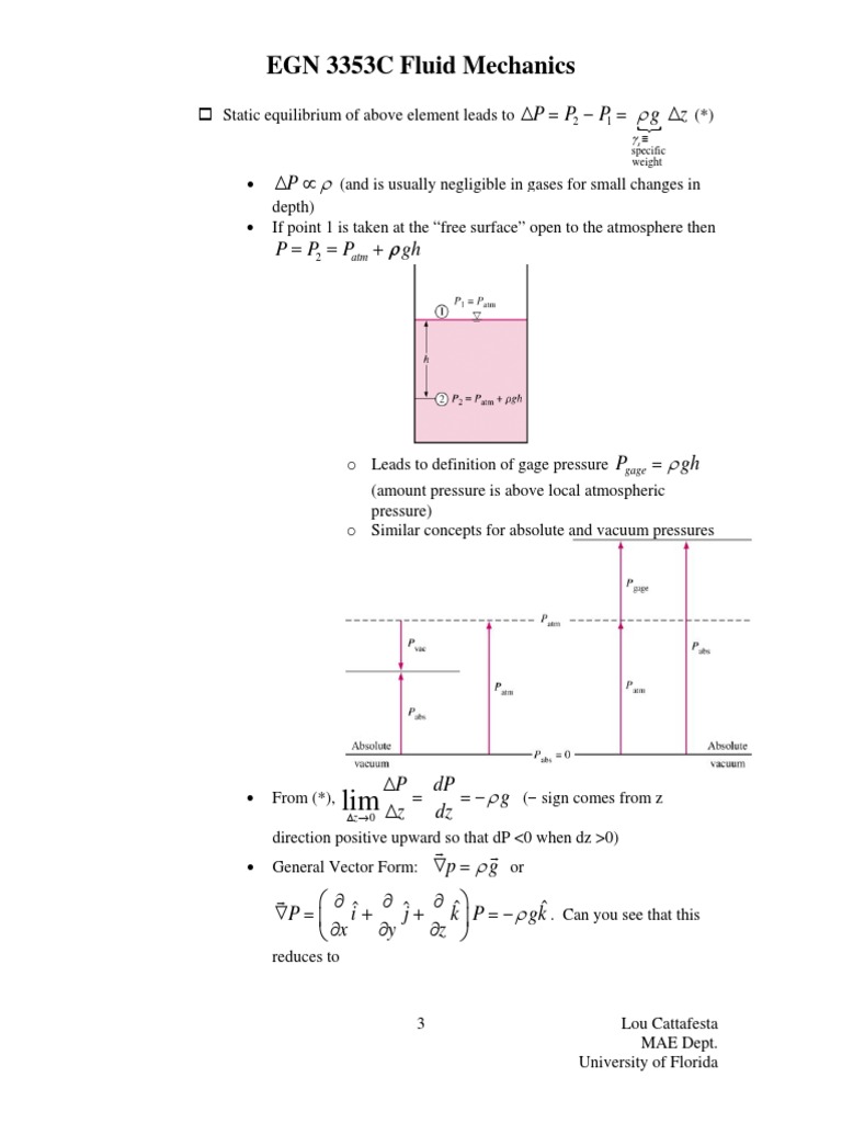 EGN 3353C Fluid Mechanics: P P P GH | PDF | Pressure Measurement | Pressure