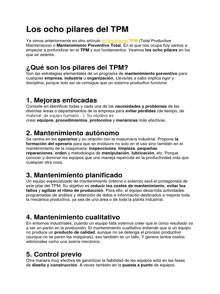 Los Ocho Pilares Del TPM | PDF | Ingeniería de confiabilidad | Sicología