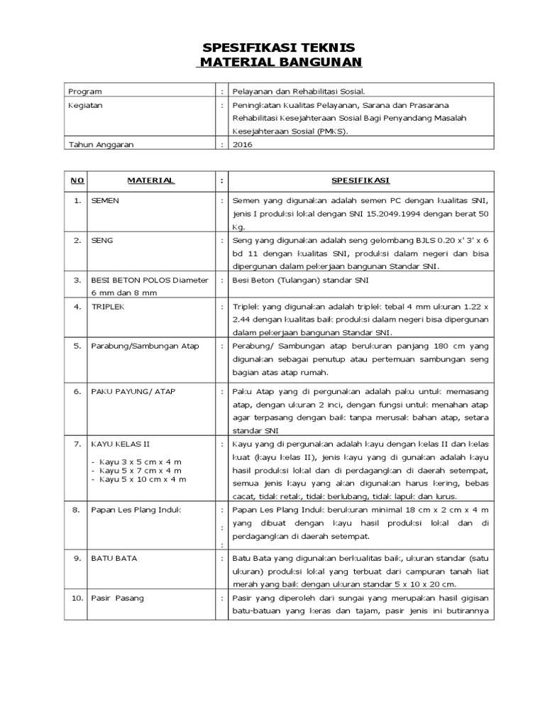 Spesifikasi Teknis Material Bangunan | PDF