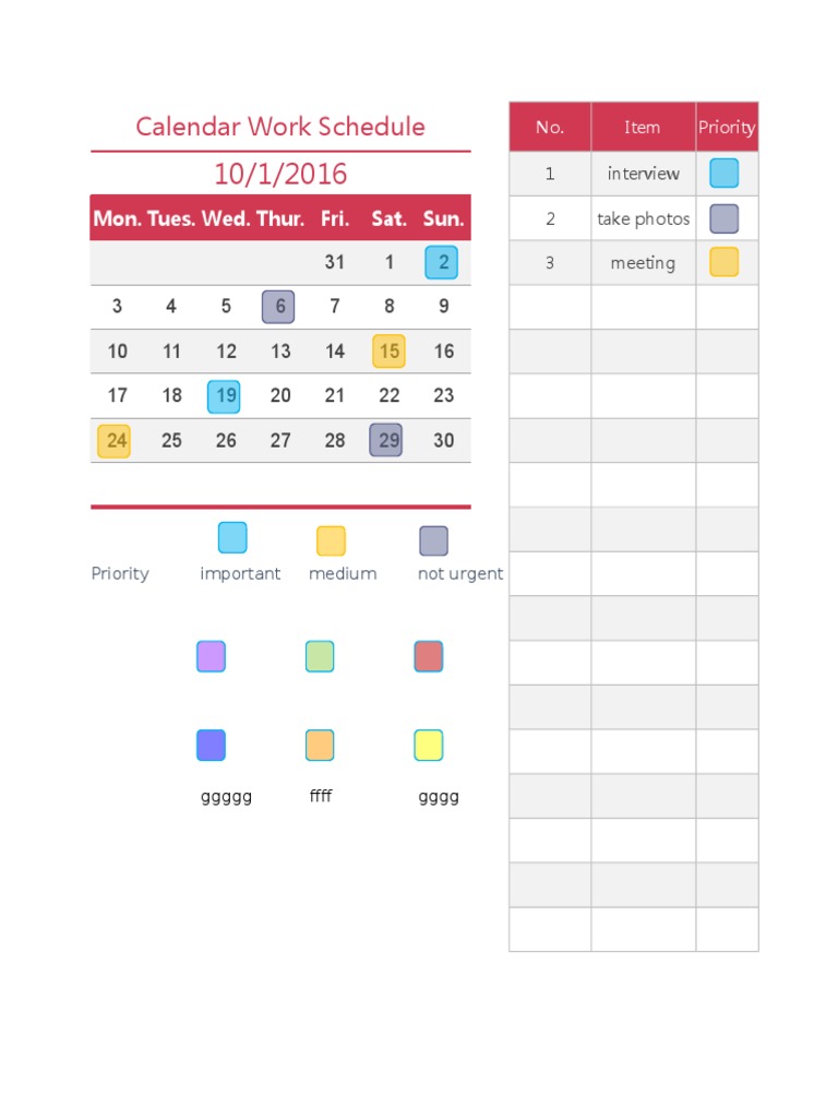 Calendar Work Schedule: Mon. Tues. Wed. Thur. Fri. Sat. Sun | PDF