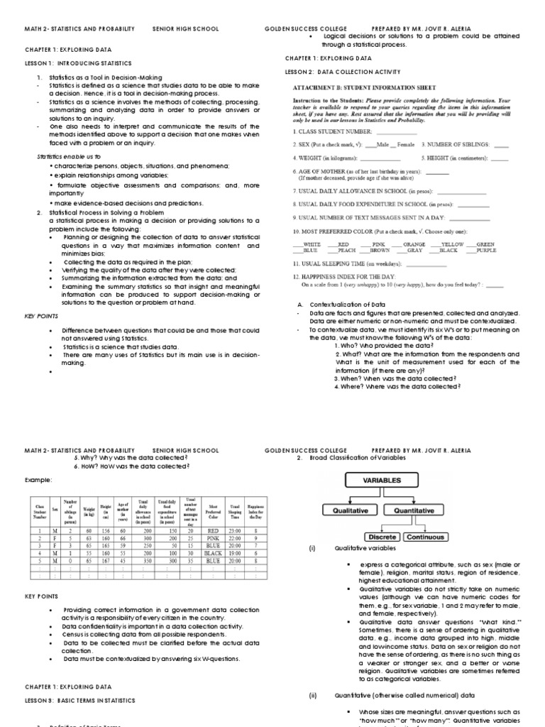SHS Statistics and Probability Lessons | PDF | Level Of Measurement ...