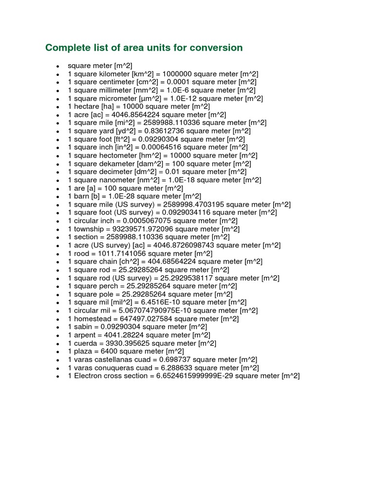 Complete List of Area Units For Conversion | PDF