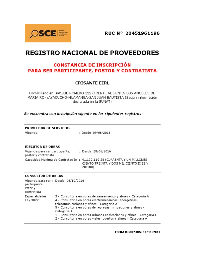 Registro Nacional de Proveedores: Constancia de Inscripción para Ser Participante, Postor Y ...