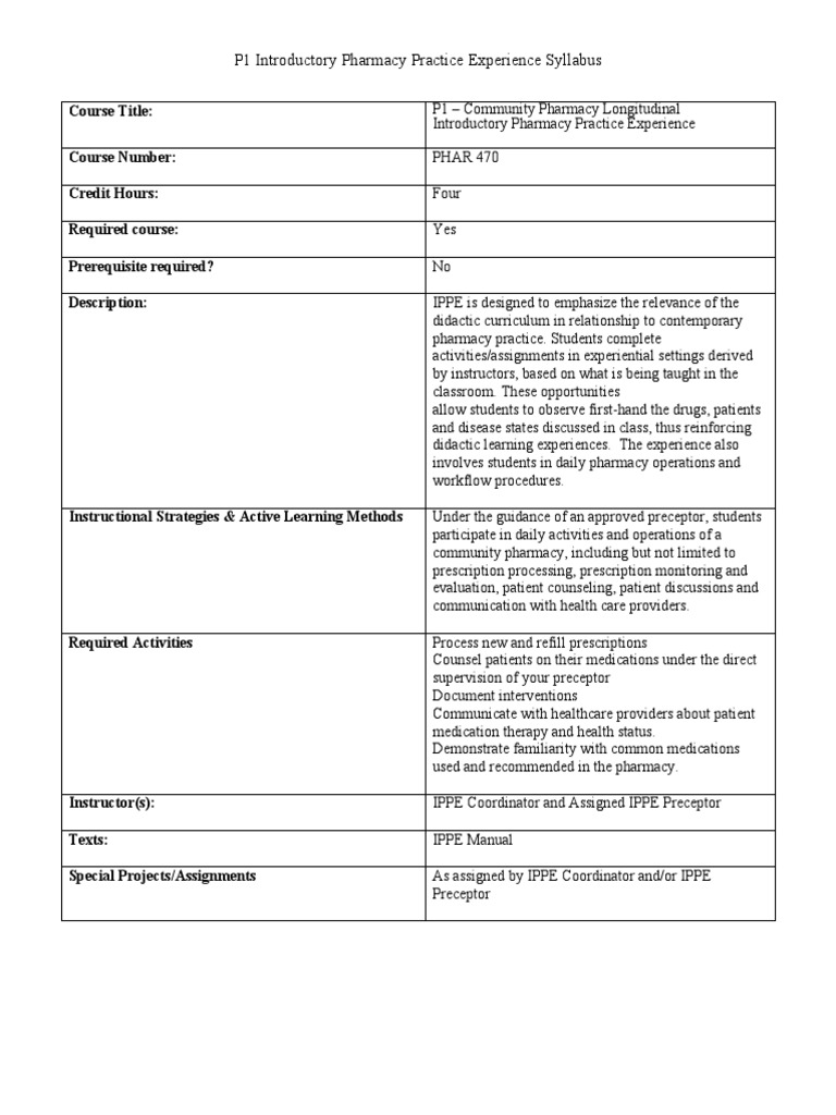 P1 Introductory Pharmacy Practice Experience Syllabus | PDF | Pharmacy | Prescription Drugs