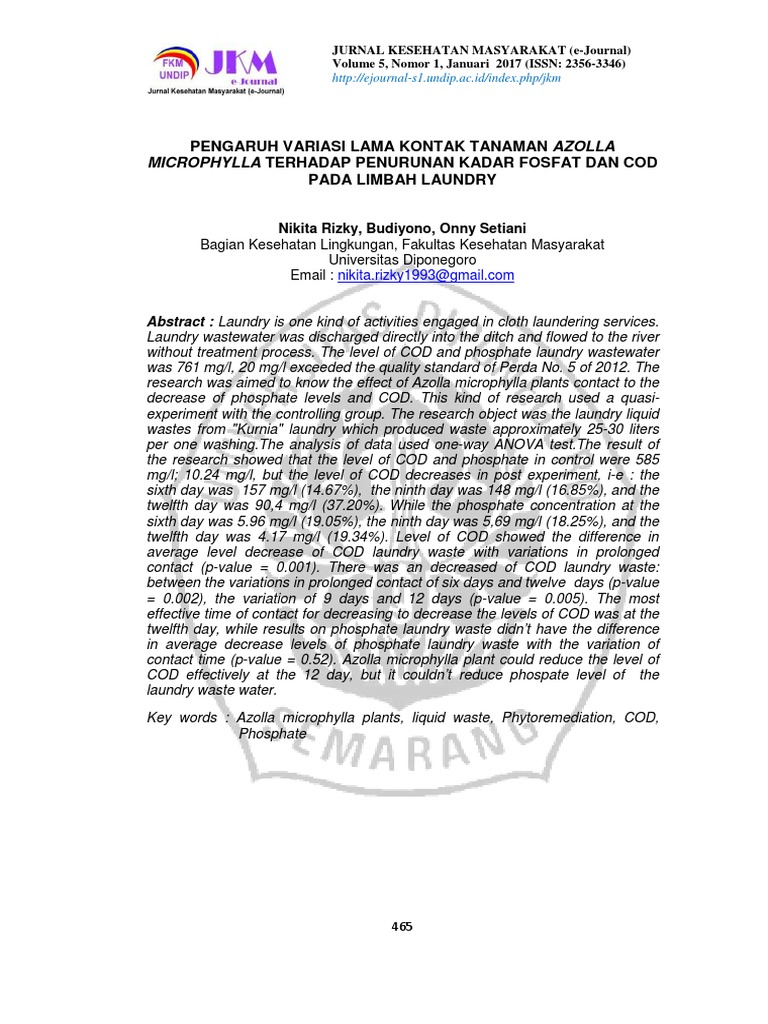 Microphylla Terhadap Penurunan Kadar Fosfat Dan Cod: Pengaruh Variasi Lama Kontak Tanaman Azolla ...