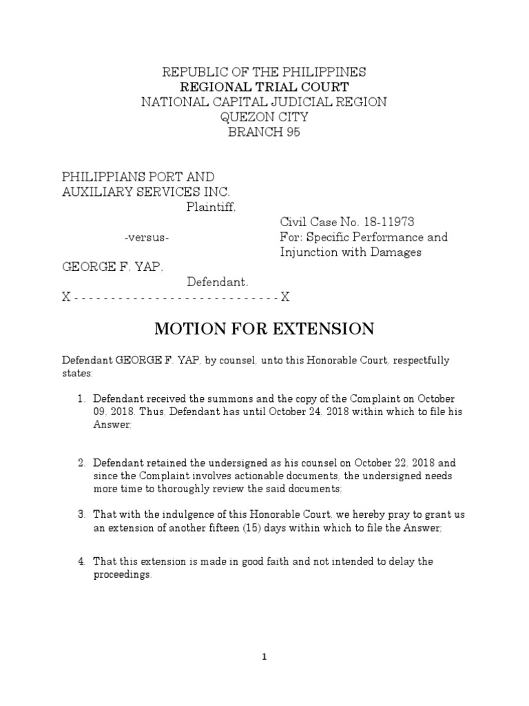 Motion For Extension: Regional Trial Court | PDF | Complaint | Lawsuit