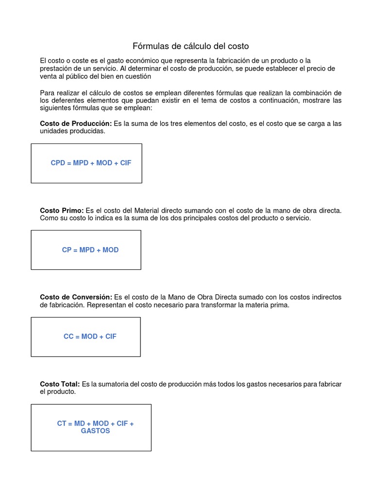Fórmulas de Cálculo Del Costo | Costo | Contabilidad financiera
