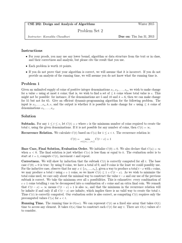 Problem Set 2: Instructions | PDF | Time Complexity | Dynamic Programming