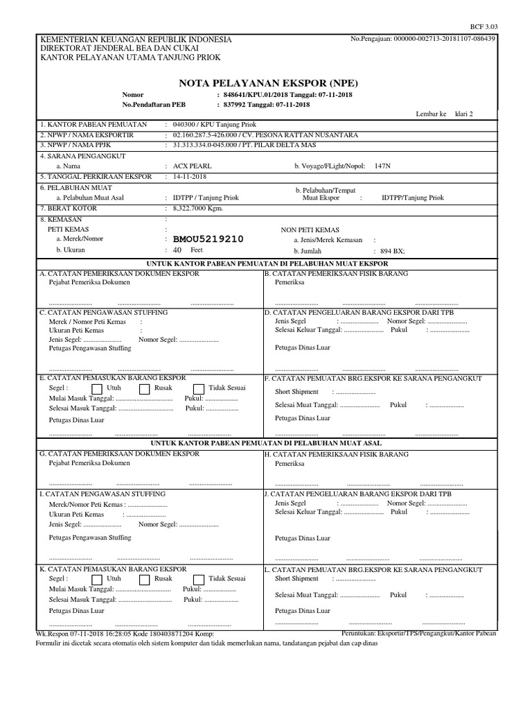 Nota Pelayanan Ekspor (Npe) | PDF