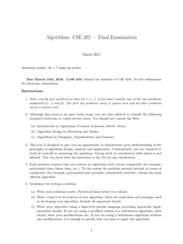 Algorithms: CSE 202 - Final Examination: March 2015 | PDF | Time Complexity | Computational ...