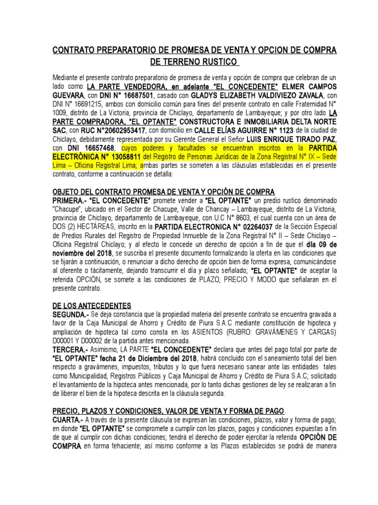 Contrato Preparatorio Promesa y Opcion de Venta Delta Del Norte Sac & Campos | PDF | Ley común ...