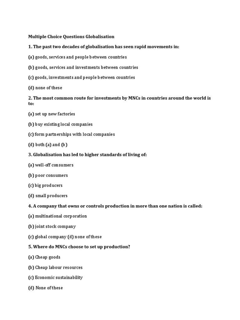 Multiple Choice Questions Globalisation | PDF | Competition ...
