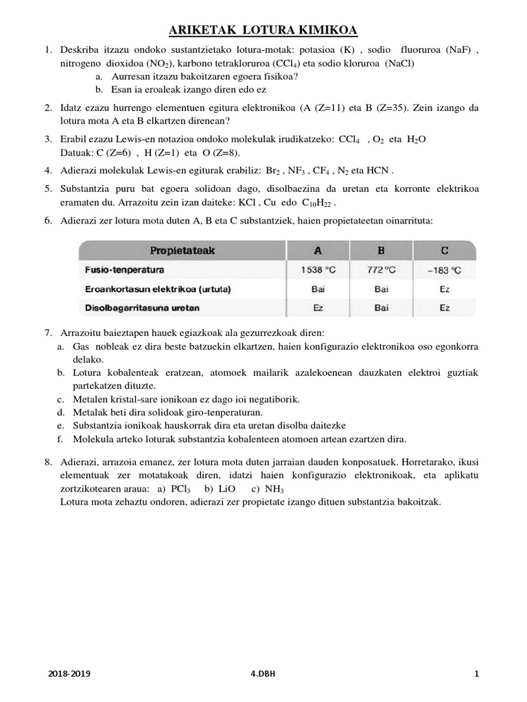Ariketak Lotura Kimikoa 4.Dbh | PDF Ariketak Lotura Kimikoa 4.Dbh | PDF