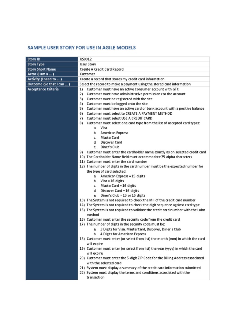 Sample User Story For Use in Agile Models | PDF | Credit Card | Visa Inc.