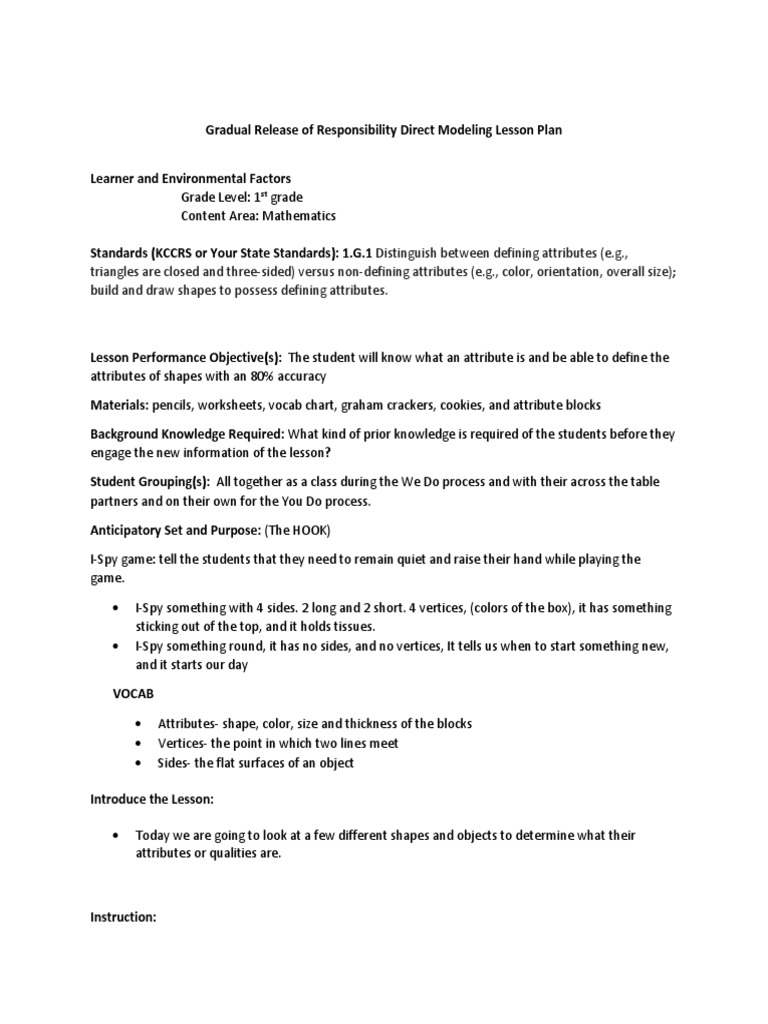 Gradual Release of Responsibility Direct Modeling Lesson Plan Template ...