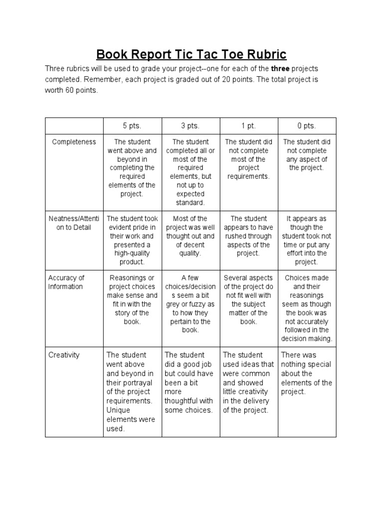 Book Report Tic Tac Toe Rubric | PDF | Psychological Concepts | Cognition