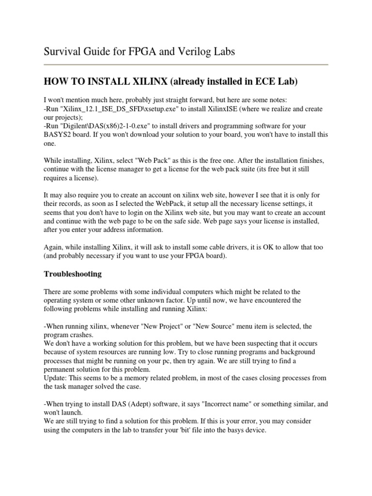 Survival Guide For FPGA and Verilog Labs: HOW TO INSTALL XILINX (Already Installed in ECE Lab ...
