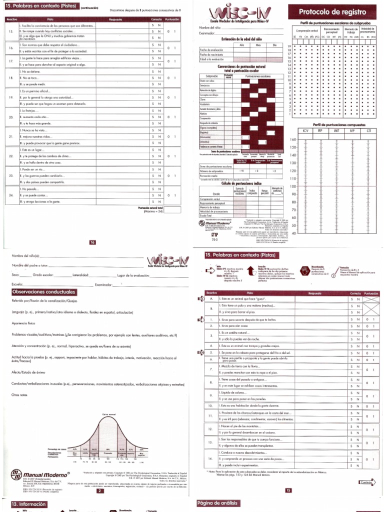 Protocolo de Registro Test (WISC-IV) (Manual Moderno) Color para ...