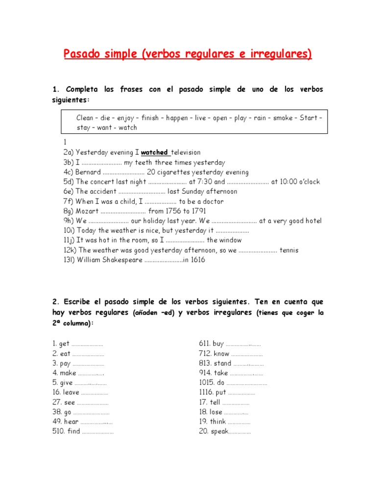 English Grammar Tests Pasado Simple Ingles Ejercicios Past Simple