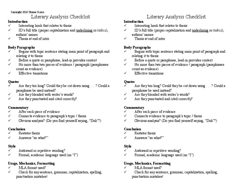 Literary Analysis Checklist | PDF | Thesis | Written Communication